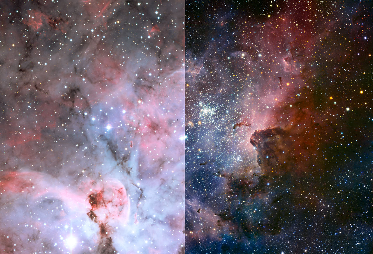Infrared/visible-light comparison of the Carina Nebula | ESO